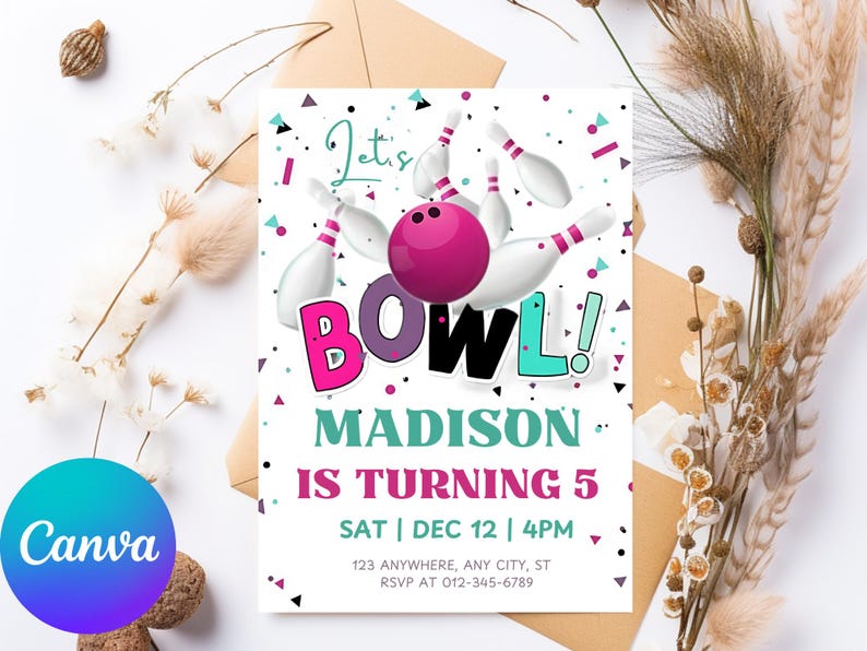 EDITABLE Bowling Party Invitation, Editable Bowling Birthday Invitation ...