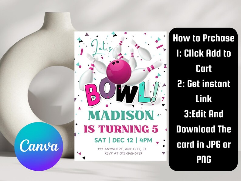 EDITABLE Bowling Party Invitation, Editable Bowling Birthday Invitation ...