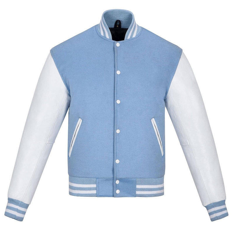 Sky Blue and White Varsity Jacket Men Blank Letterman Jacket in Sky Blue Wool Body and White ...