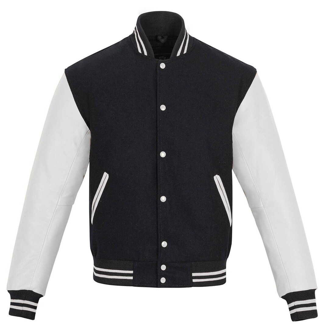 Black and White Varsity Jacket | Unisex Wool Body Leather Sleeve ...
