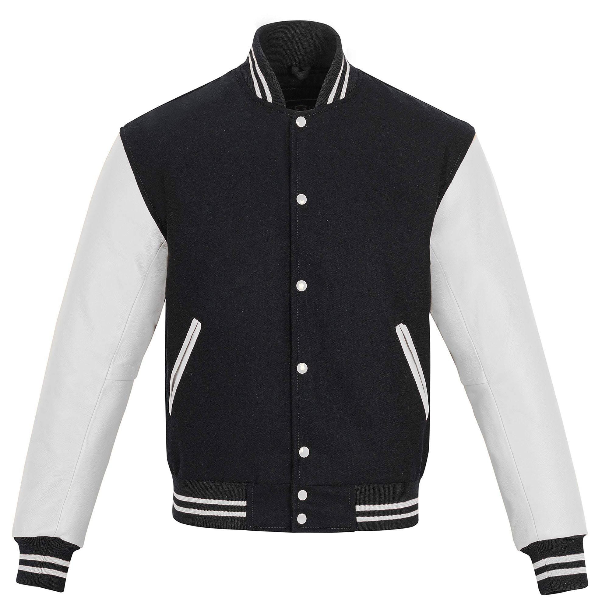 Black and White Varsity Jacket Wool Body and Leather Arms Letterman Jacket- Wool Blank Letterman ...