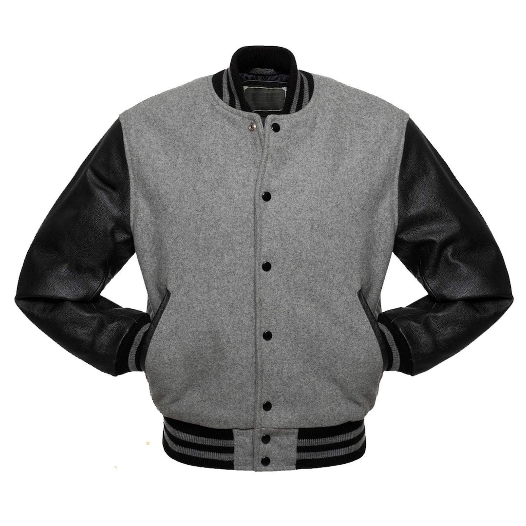 Grey and Black Varsity Jacket Blank Letterman Jacket in Grey Wool Body ...