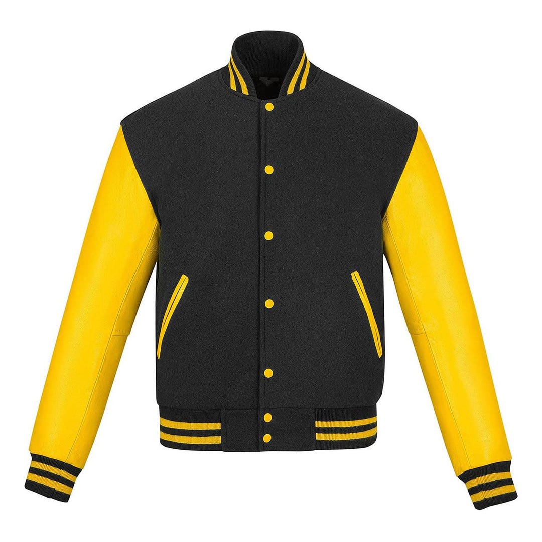 Black & Yellow Wool Varsity Jacket | Leather Sleeve College Jacket - Etsy