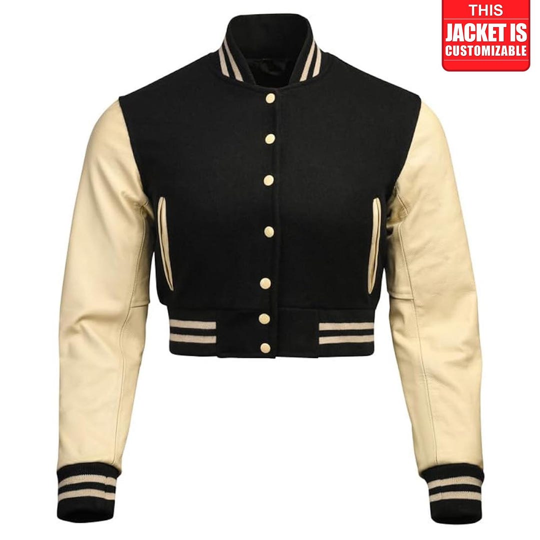 Personalized Cropped Lettermen Jacket Black Wool & Cream Leather - Etsy