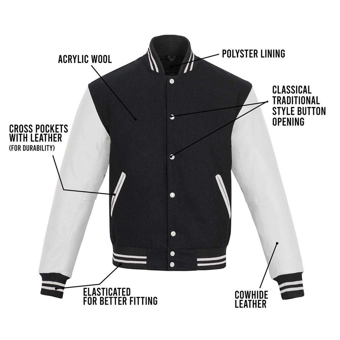 Black and White Varsity Jacket Wool Body and Leather Arms Letterman Jacket- Wool Blank Letterman ...