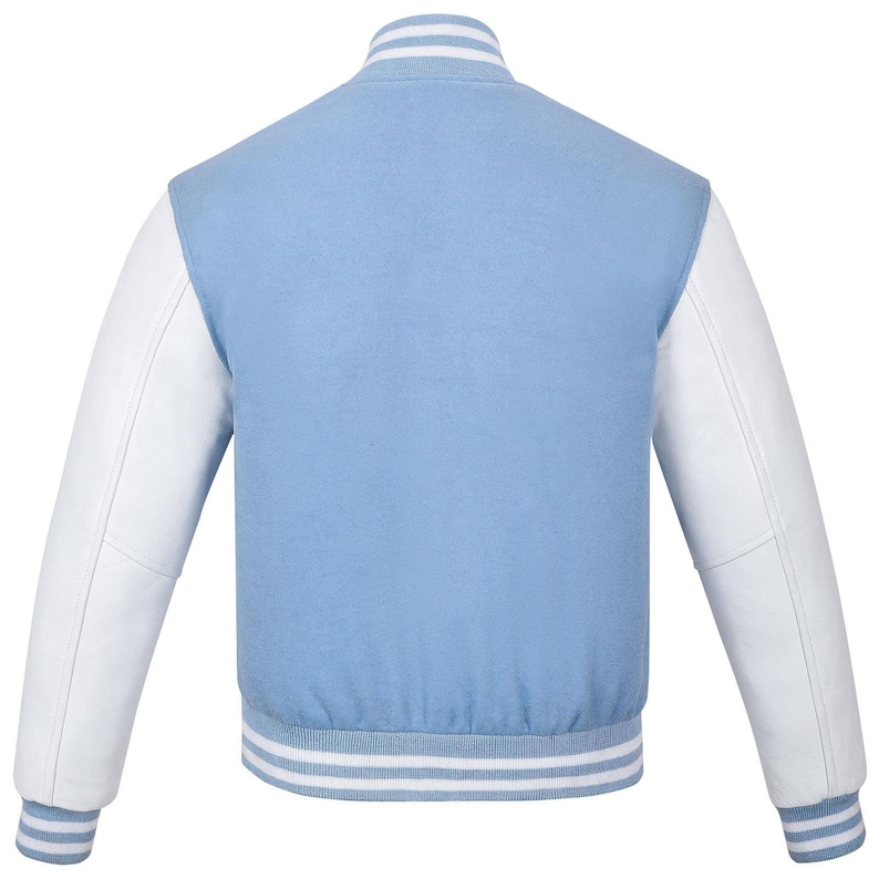 Sky Blue and White Varsity Jacket Men Blank Letterman Jacket in Sky Blue Wool Body and White ...