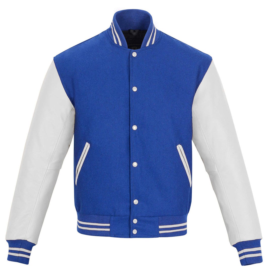 Royal Blue Varsity Jacket | White Leather Sleeve Unisex Letterman ...