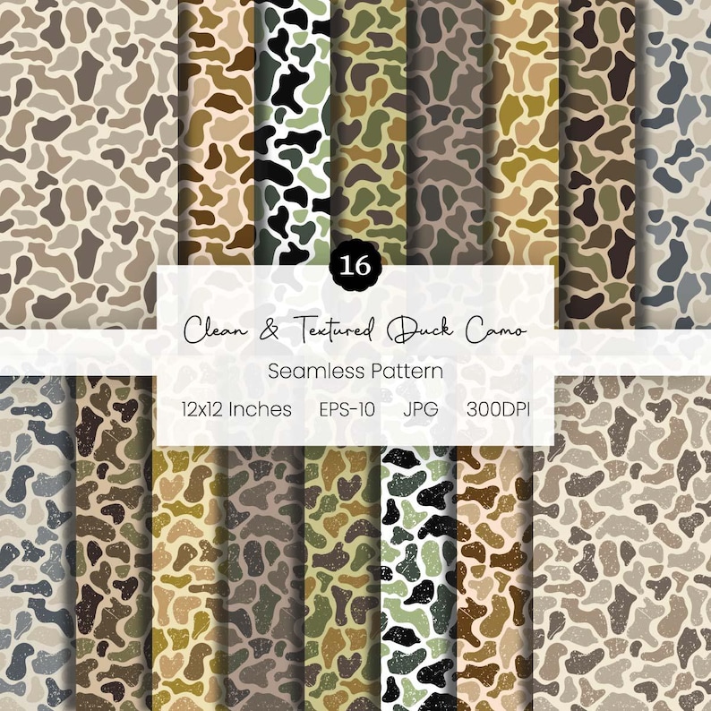 Clean Textured Duck Camo Seamless Pattern Bundle | 16 Vector Digital ...