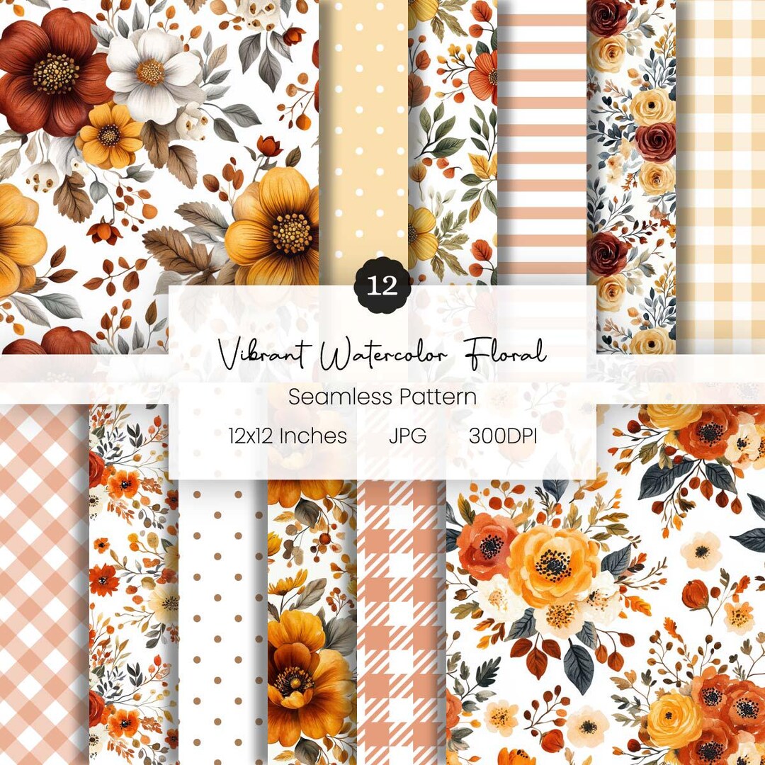 Vibrant Watercolor Floral Seamless Pattern | Fall Flower Digital Paper ...