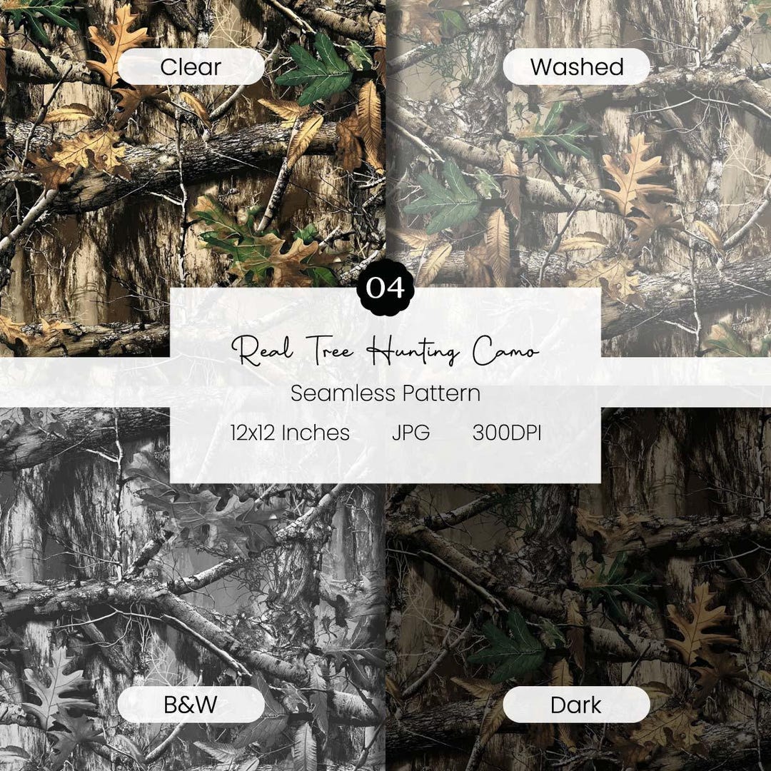 Real Tree Hunting Camo Seamless Pattern 4 Pack | Clear Washed B&W Dark ...
