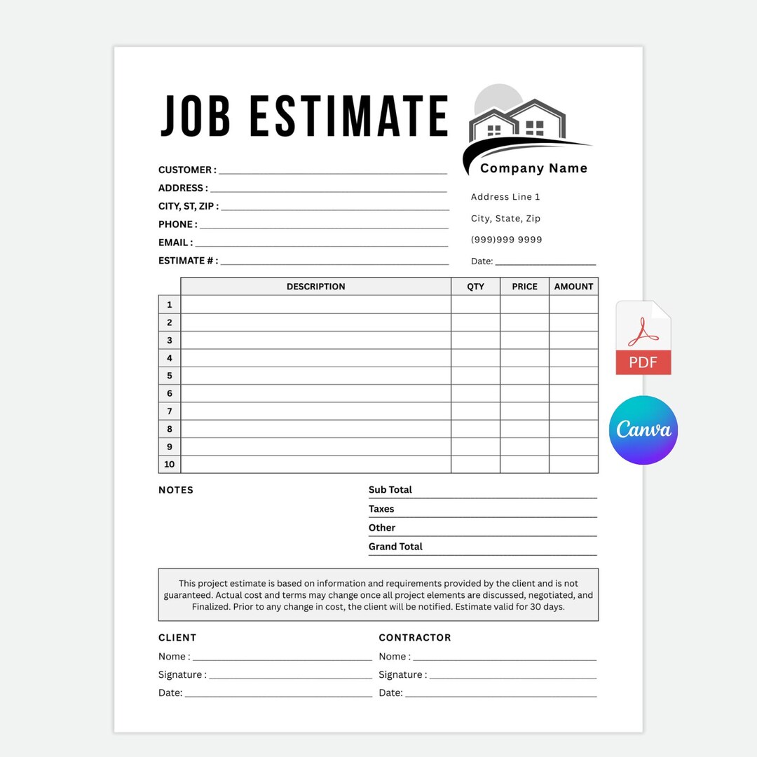 Editable Job Estimate Template: Construction & Work Estimates (digital ...