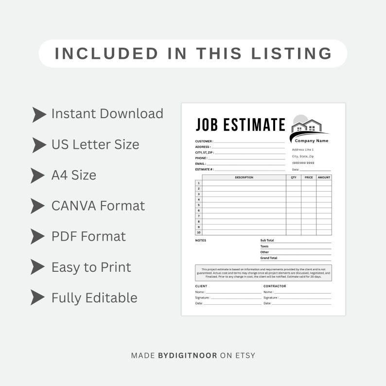 Editable Job Estimate Template: Construction & Work Estimates (digital ...
