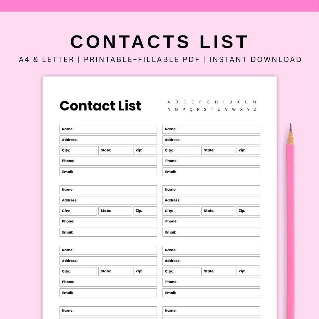 Printable Contact List Planner. Fillable Address Book. Address ...
