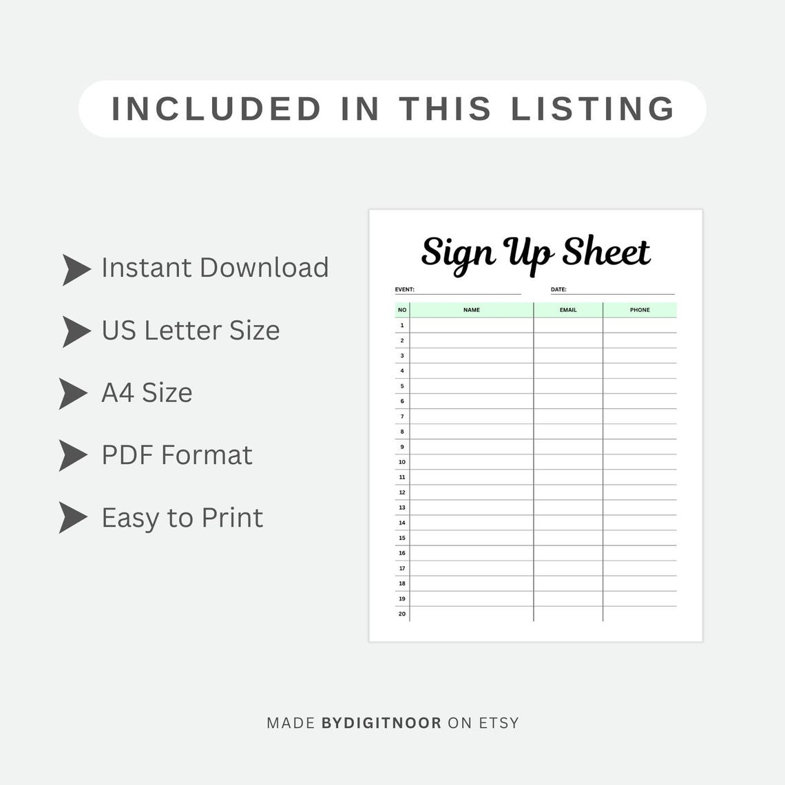 Event Sign up Sheet Template: Printable Sign-in Form (US Letter & A4 ...