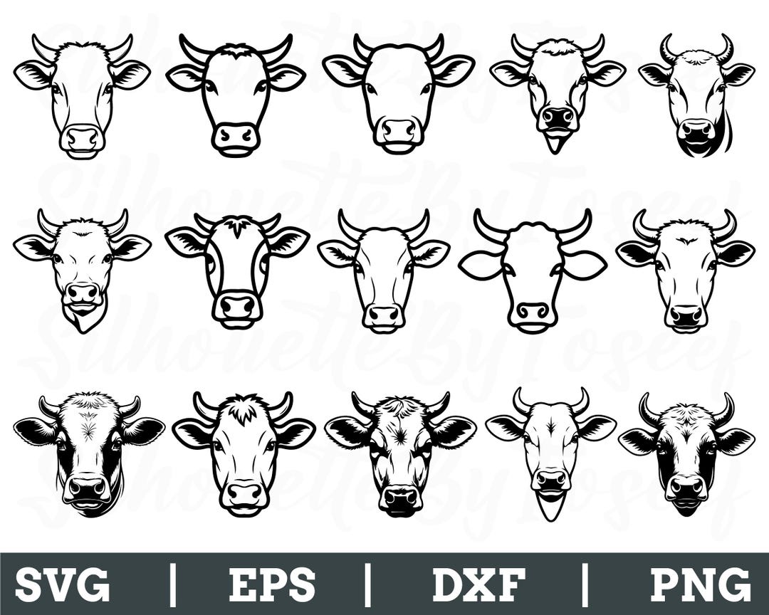 Cow Heads Svg, Cow Heads Vector, Cow Heads Silhouette, Outlined Cow ...