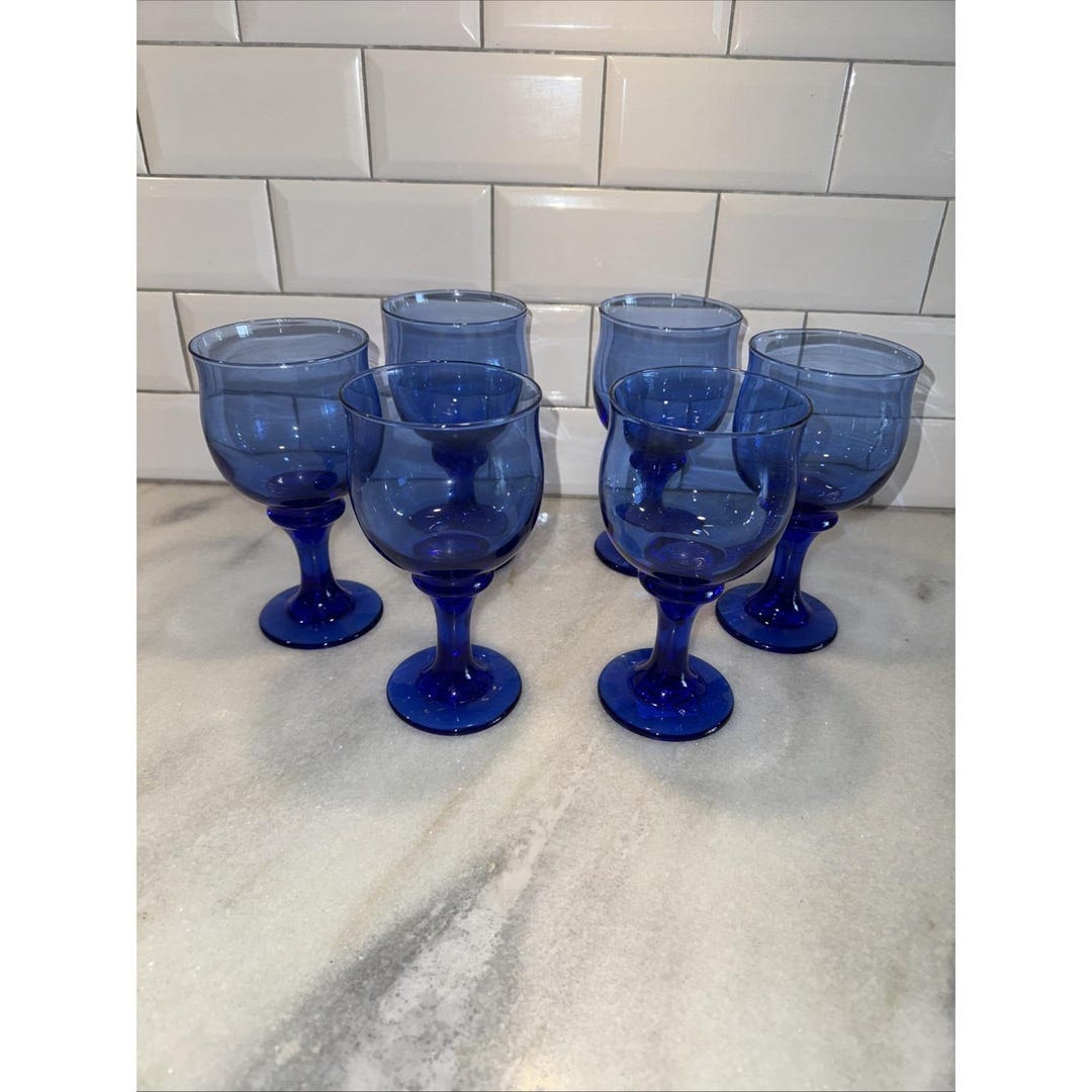 Retro Libbey Clarion Cobalt Blue Wine Water Glasses Stemware Barware ...
