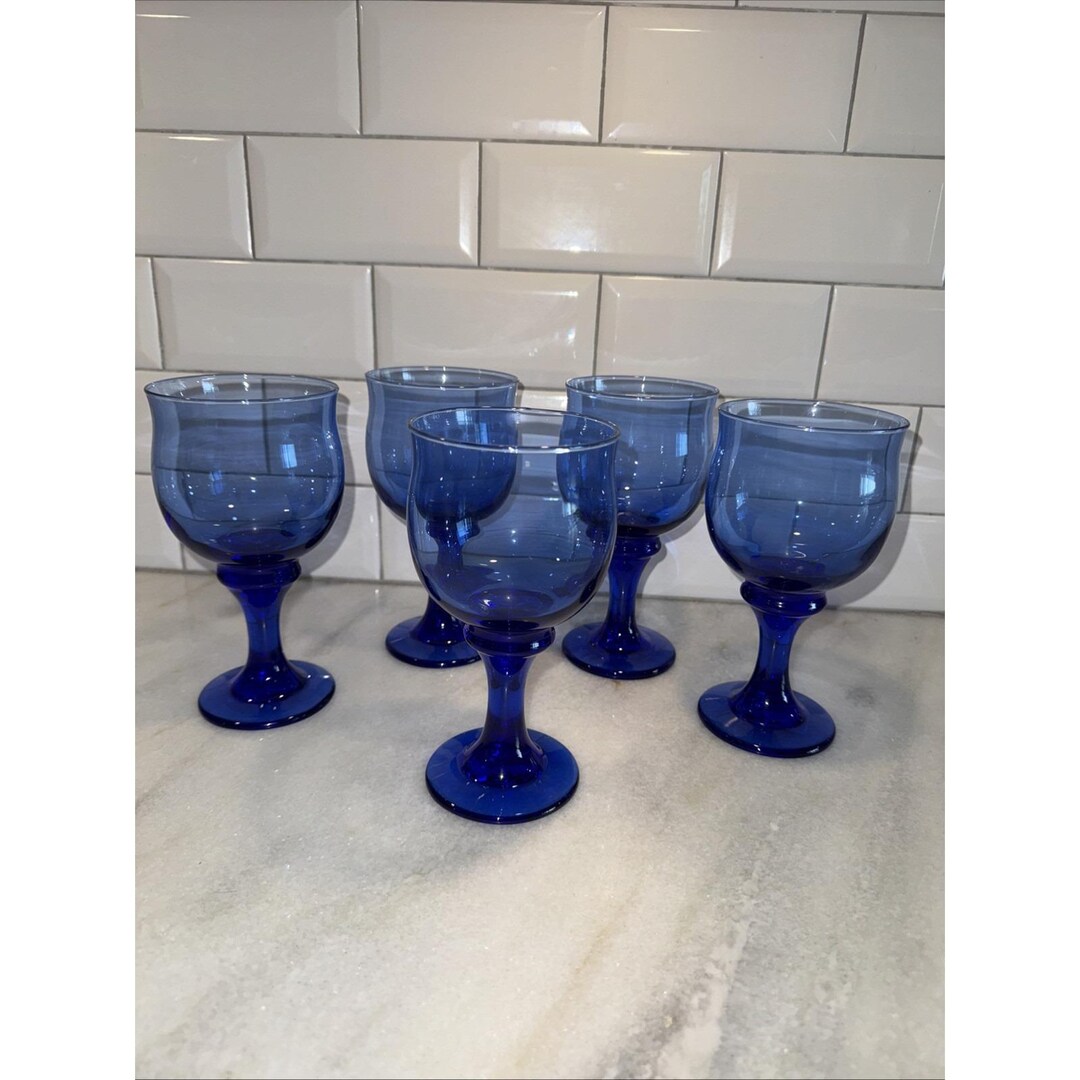 Retro Libbey Clarion Cobalt Blue Wine Water Glasses Stemware Barware ...