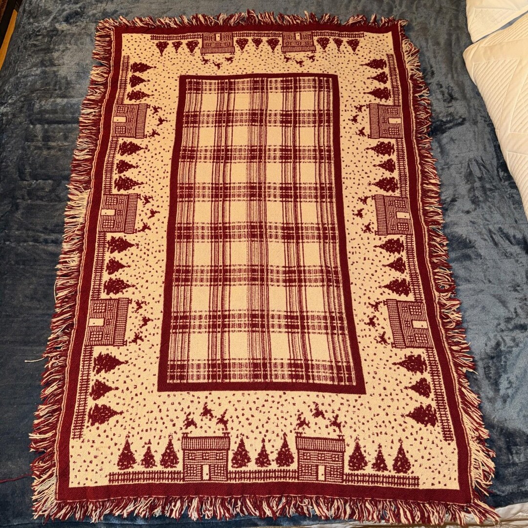 Crate Barrel Table Runner Red White Fringed House Tree Motif Belgian ...