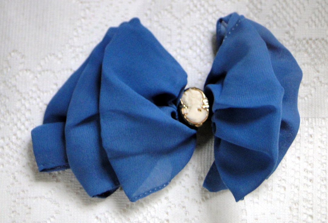 Vintage Azure Blue Cameo Hair Bow French Barrette 7" by 4" Filmy Fabric ...