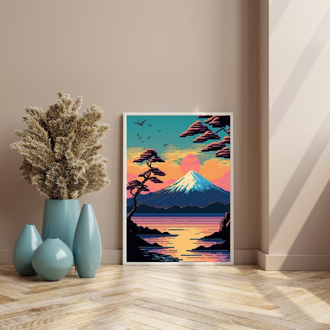 Pixel Art | Sunset Mt Fuji Japan | Wall Art | Wall Decor | Printable ...