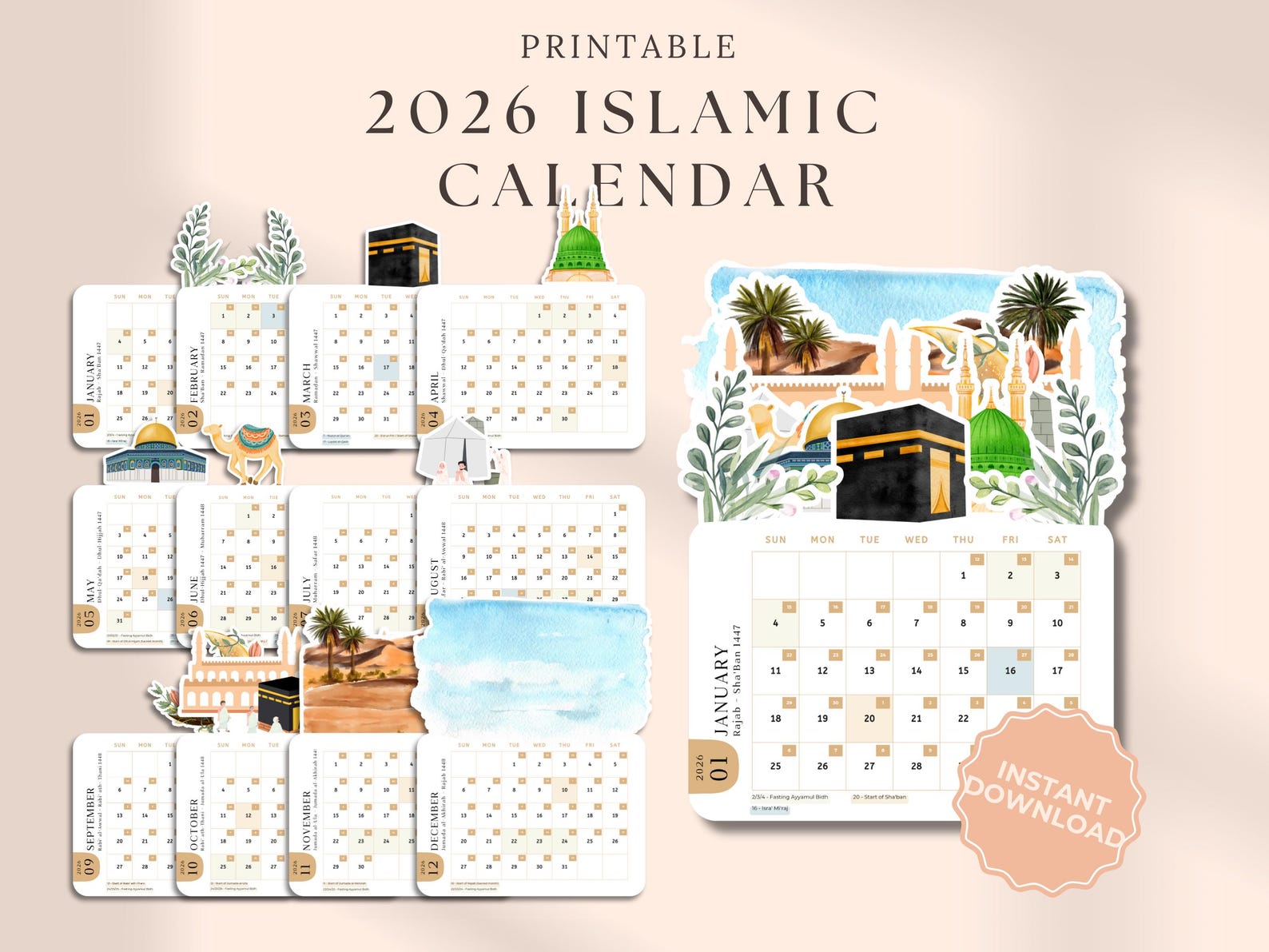 2026 Islamic Calendar : Printable Hijri - Gregorian Desk Calendar 1447 ...