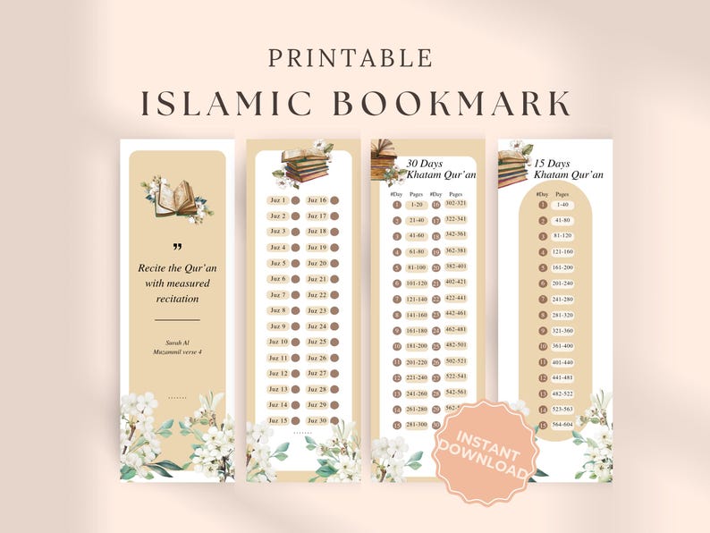 Quran Khatam Tracker Bookmarks, Printable Floral Islamic Bookmark Set ...