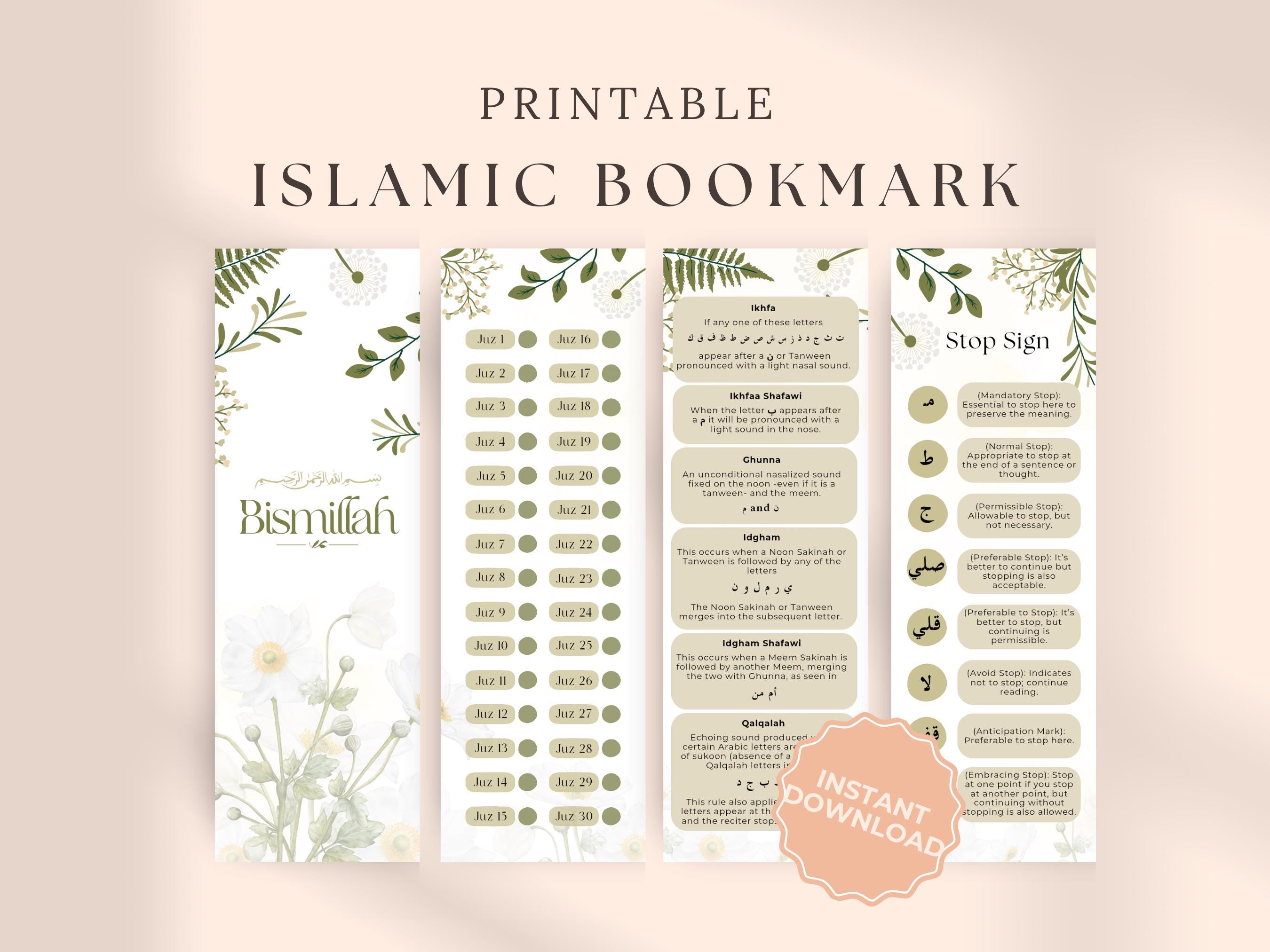 Islamic Bookmark Printable Set, Bismillah Bookmark, Quran Tajweed ...