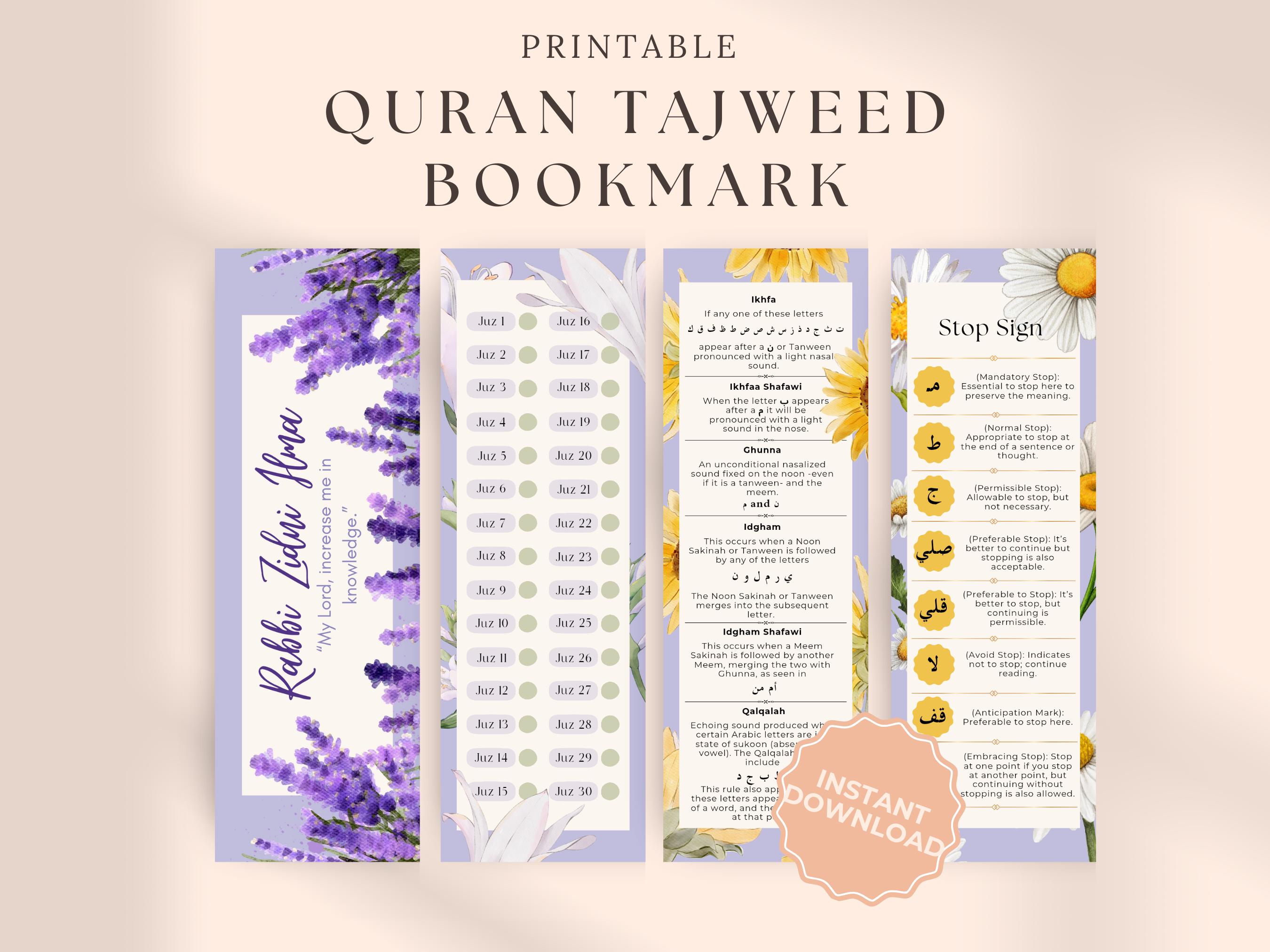 Islamic Quran Bookmark Set Printable, Tajweed Rules Bookmark, Juz ...