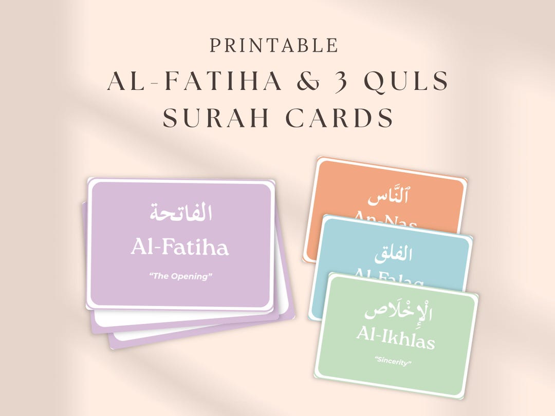 Al Fatiha & 3 Quls Surah Cards : Printable Quran Memorization ...
