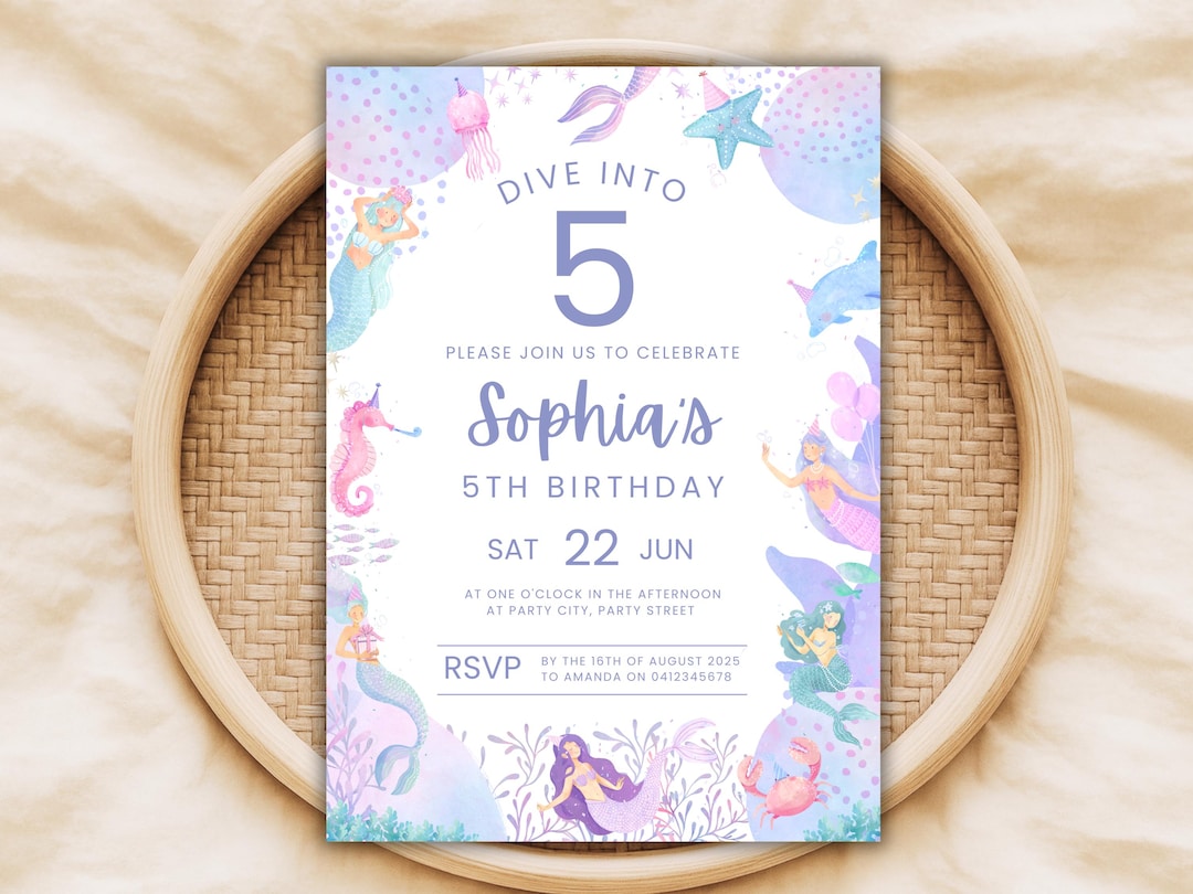Dive Into Five Mermaid Birthday Invitation – Pastel Under the Sea Party ...