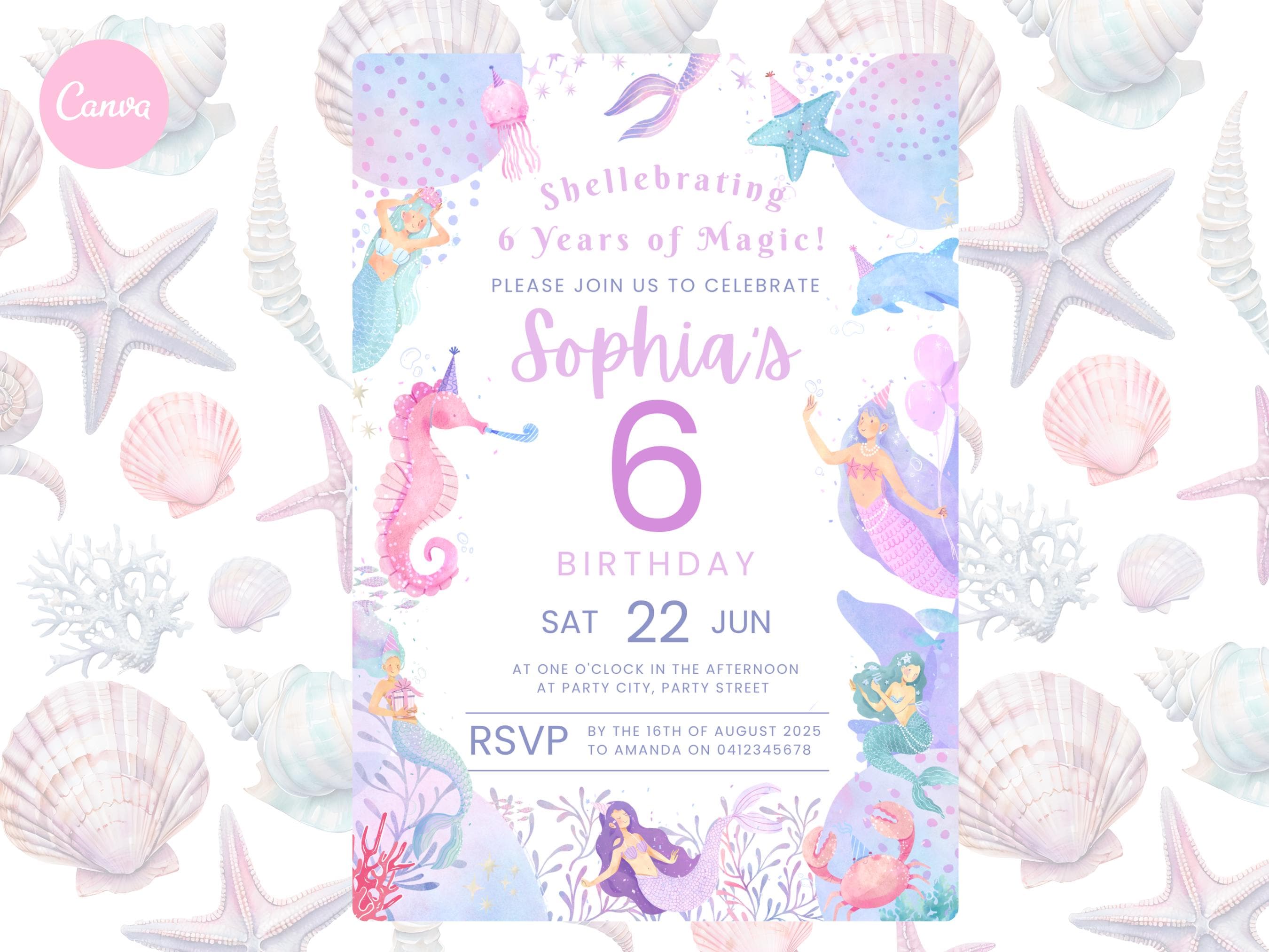Purple Mermaid 6th Birthday Invitation – Shellabrate Under the Sea ...