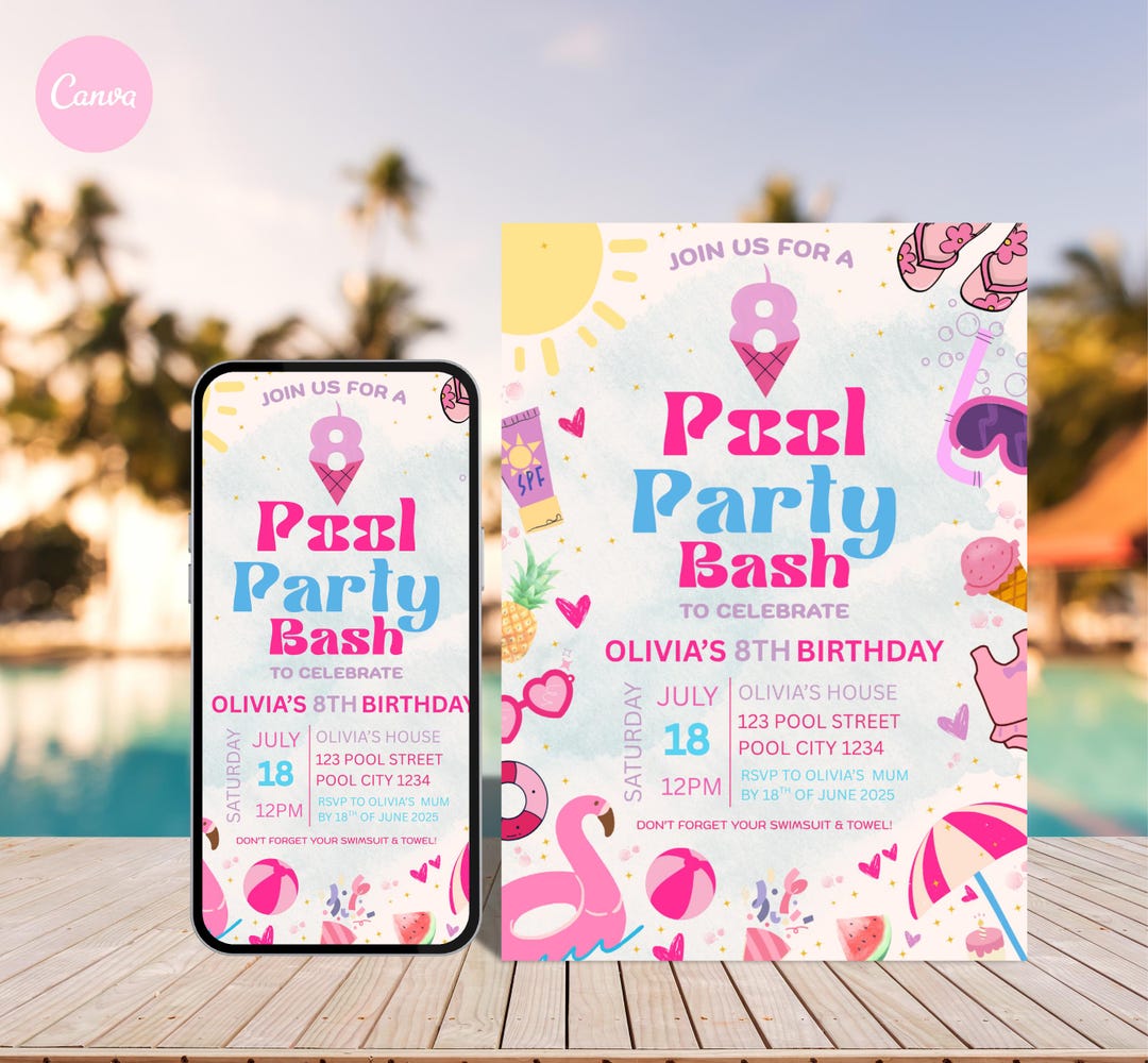 Pool Party 8th Birthday Invitation: Girls Summer Swim (digital Download ...