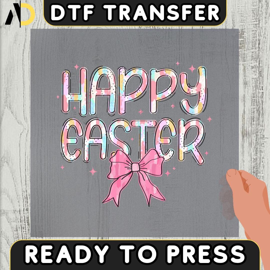 Happy Easter DTF Transfer | Pastel Easter Iron-on Decal | Pink Bow Heat ...