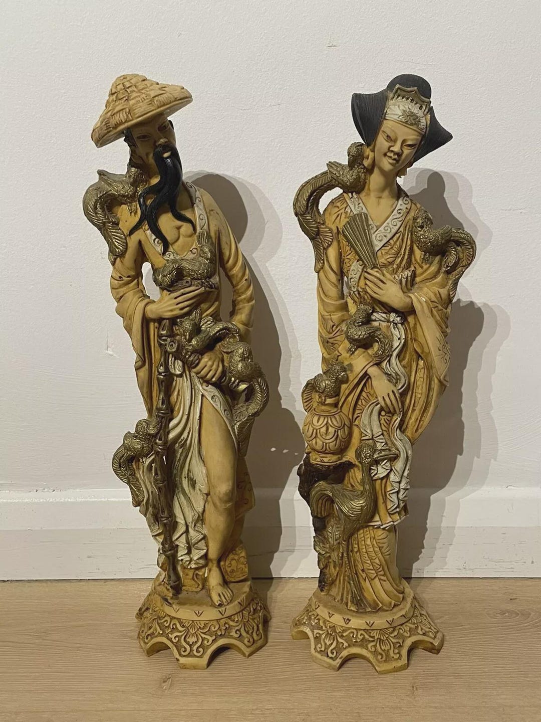 Pair of Large Chinese Oriental Man & Woman Figurines Statues Resin ...