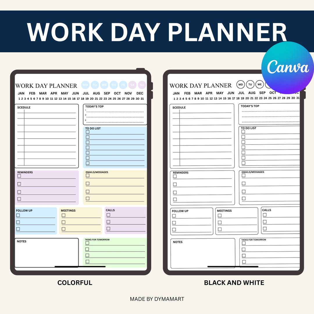 Work Day Planner, Daily Productivity Checklist, Canva Template ...