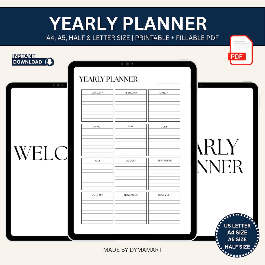 Yearly Planner,printable Yearly Overview on One Page,year at a Glance ...