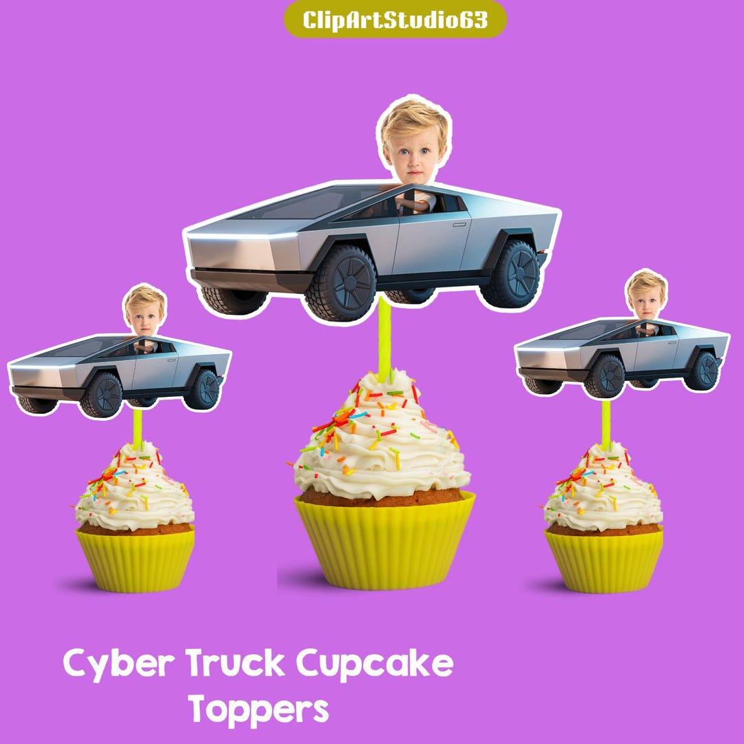 Custom Face Cyber Truck Cupcake Toppers | Futuristic Car Birthday Decor ...