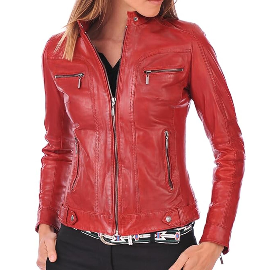Women's Red Genuine Leather Jacket Slim Fit Moto Biker Style Zipper ...