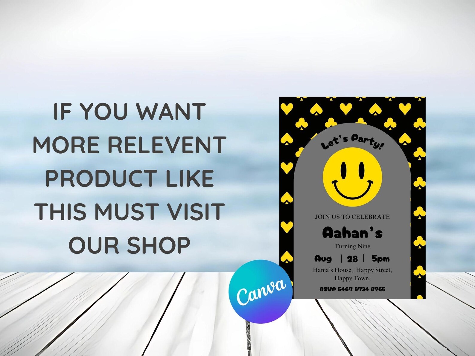 Editable Smiley Face Birthday Invite, Smiley Party Invitation, Leaf ...