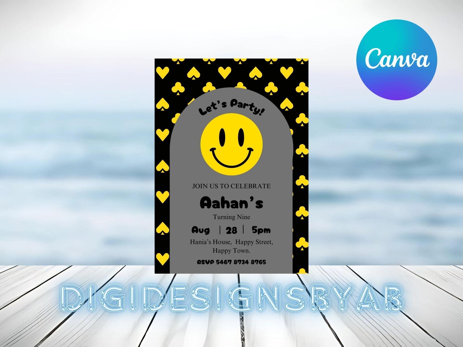 Editable Smiley Face Birthday Invite, Smiley Party Invitation, Leaf ...
