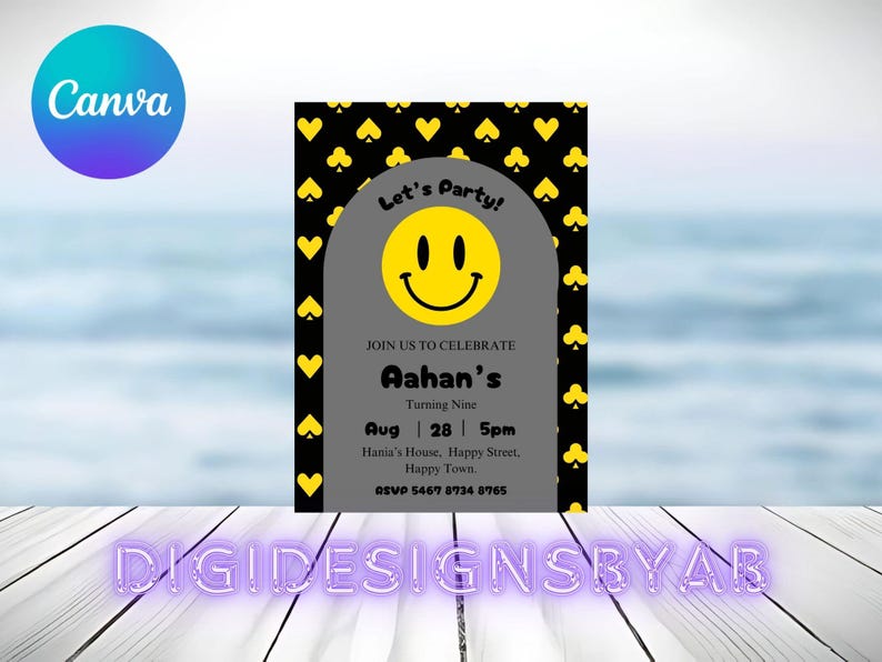 Editable Smiley Face Birthday Invite, Smiley Party Invitation, Leaf ...