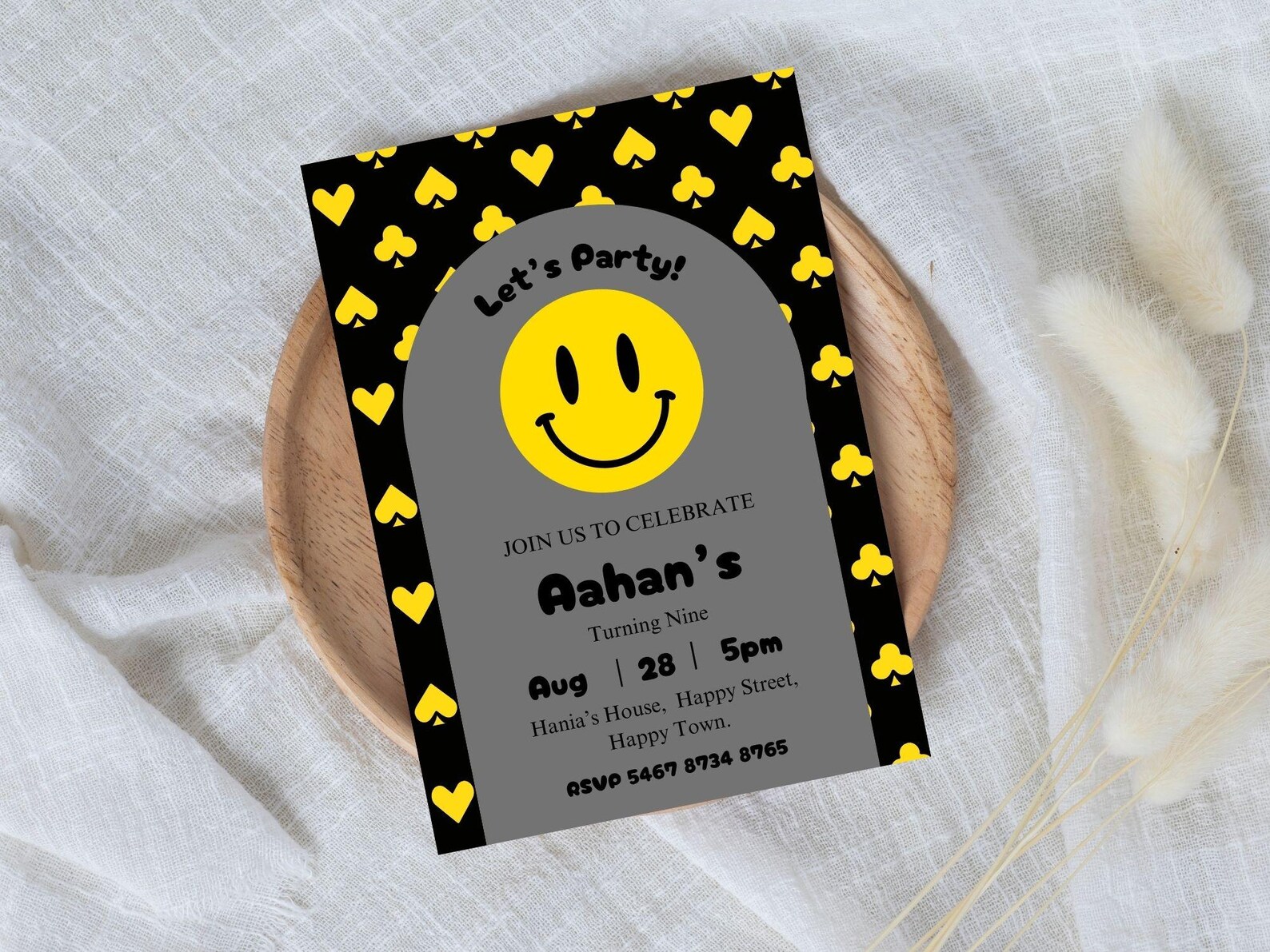 Editable Smiley Face Birthday Invite, Smiley Party Invitation, Leaf ...