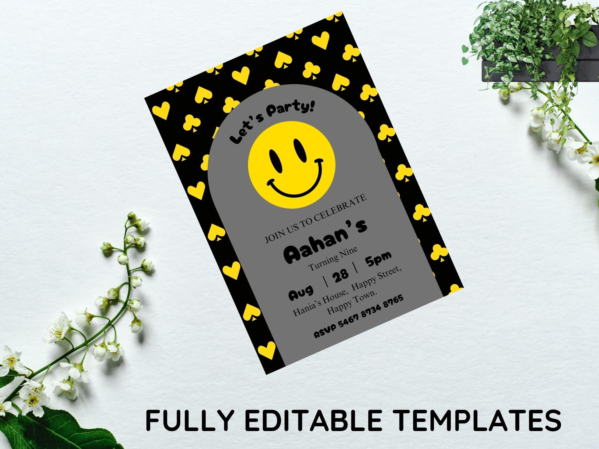 Editable Smiley Face Birthday Invite, Smiley Party Invitation, Leaf ...