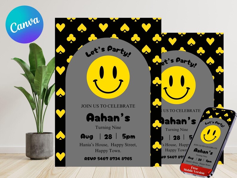 Editable Smiley Face Birthday Invite, Smiley Party Invitation, Leaf ...