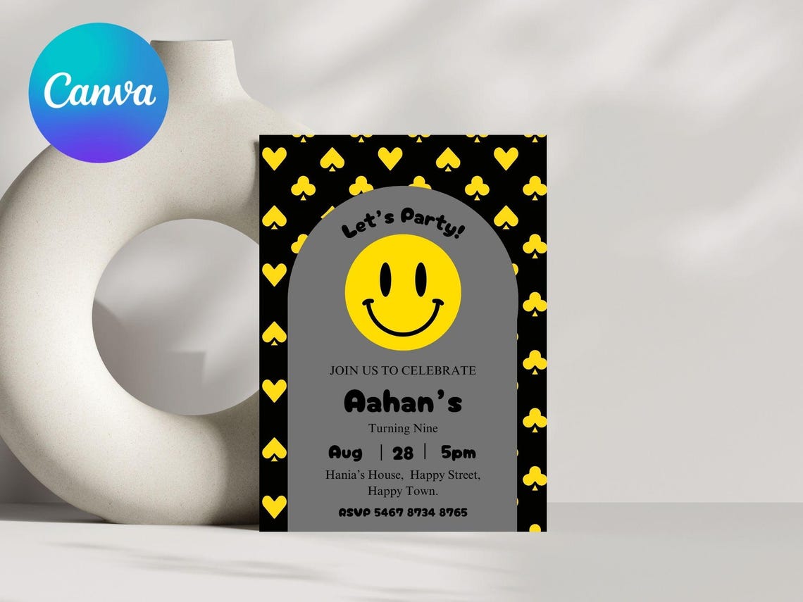 Editable Smiley Face Birthday Invite, Smiley Party Invitation, Leaf ...