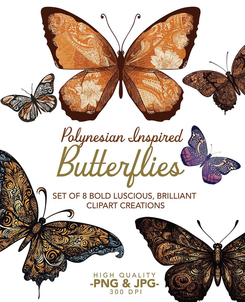 Polynesian Butterfly Clipart PNG Set | Tribal Butterfly Illustrations ...