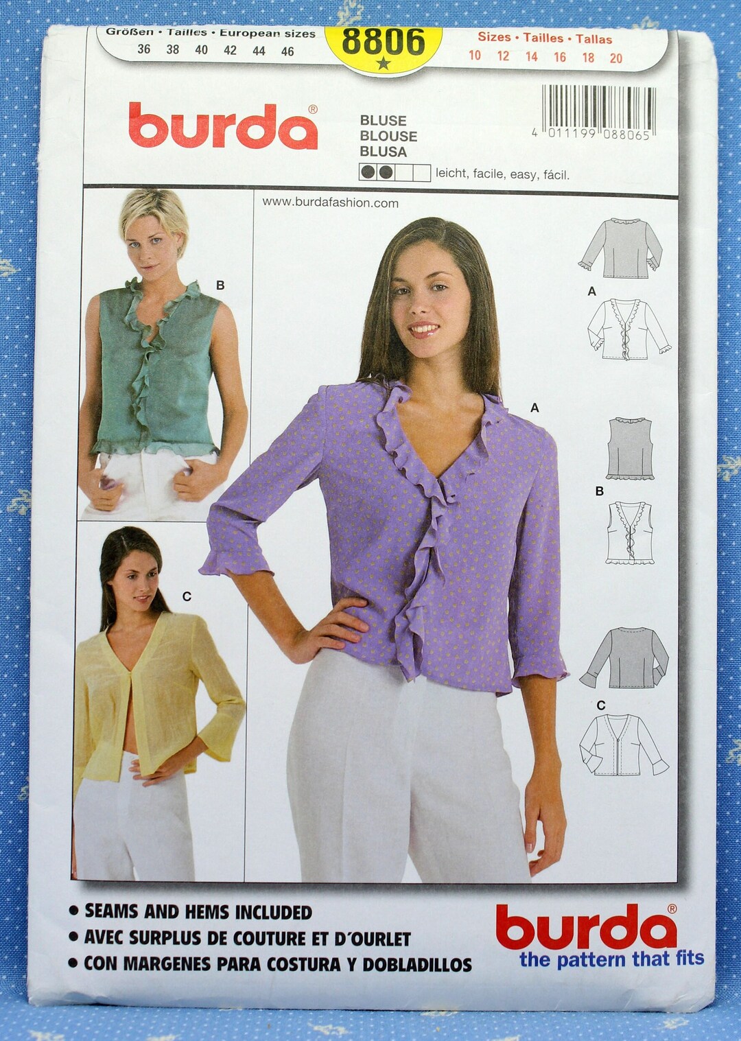 Burda Sewing Pattern 8806, Misses' Easy Blouse Sewing Pattern, Misses ...