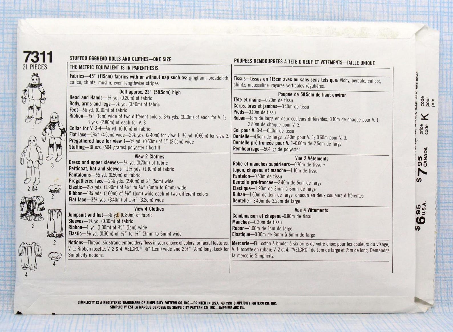 Simplicity Sewing Pattern 7311, Stuffed 23" Egghead Dolls and Clothes ...