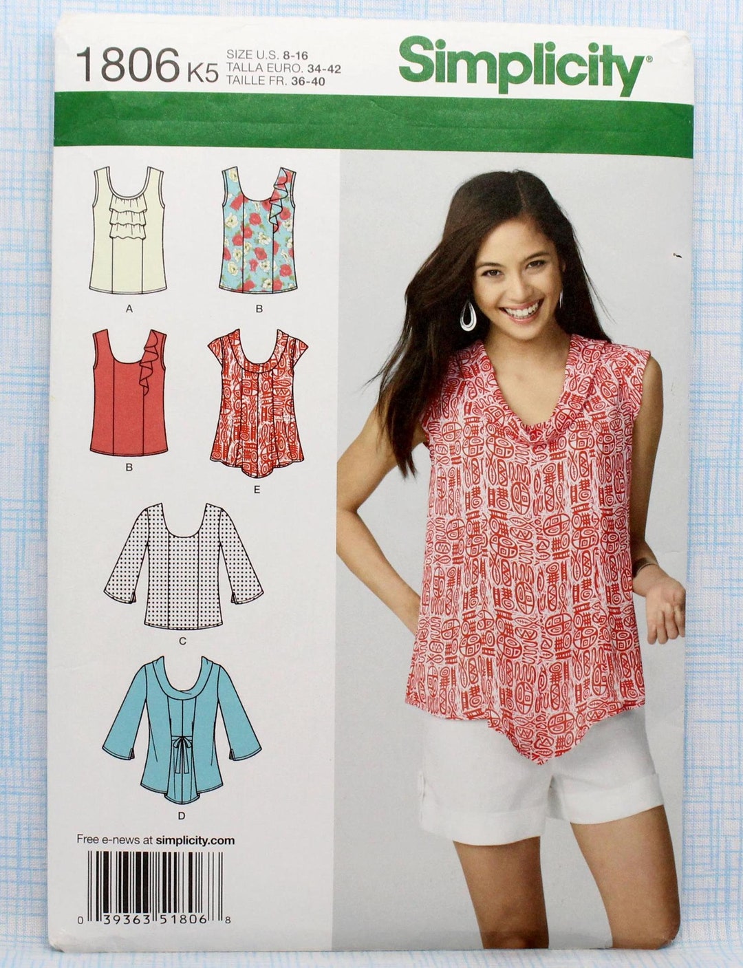 Simplicity Sewing Pattern 1806, Misses' Pullover Tops With Scoop ...