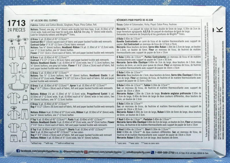 Simplicity Sewing Pattern 1713 Doll Clothes Pattern for | Etsy